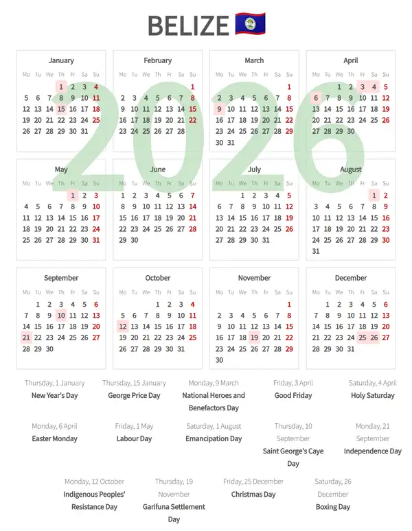 Work Calendar 2026, Belize - Public Holidays