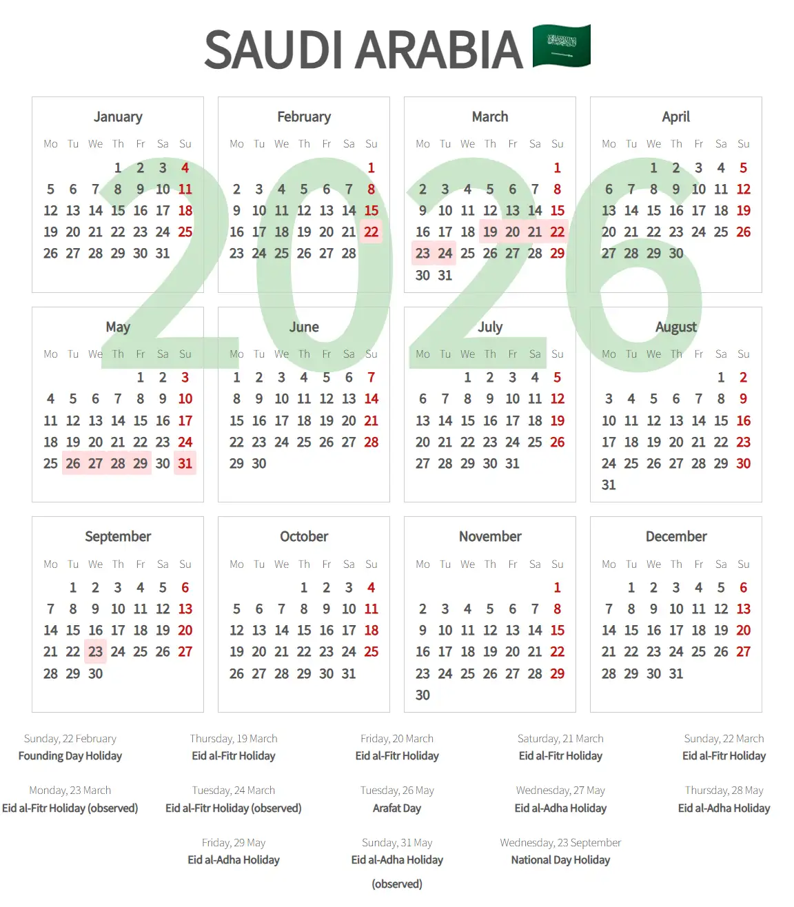 Work Calendar 2026, Saudi arabia - Public Holidays