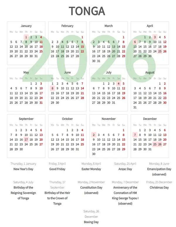 Work Calendar 2026, Tonga - Public Holidays