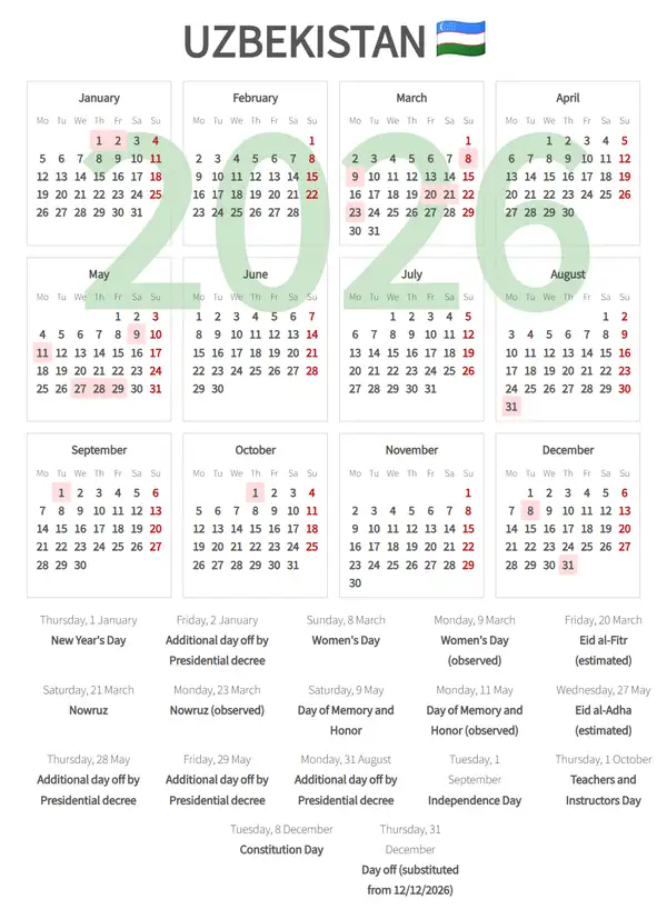 Work Calendar 2026, Uzbekistan - Public Holidays